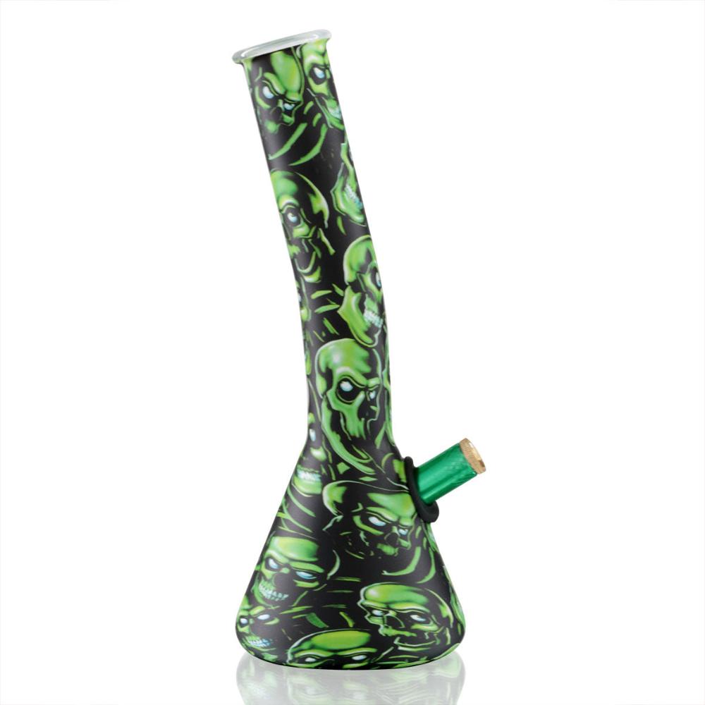 Bent Neck Beaker 27cm Glass Bong - Green Skull Pattern | Bong Warehouse